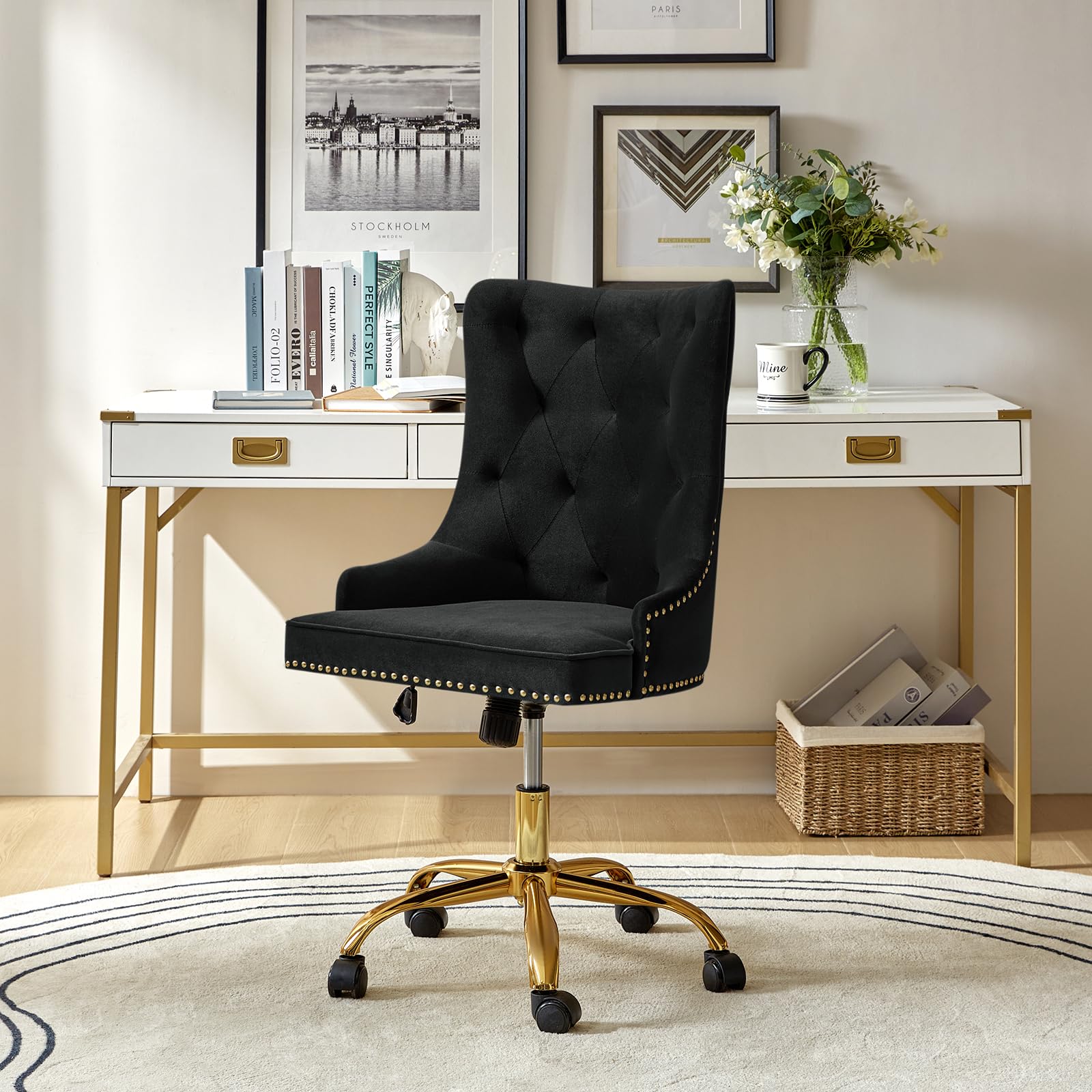 TINA'S HOME Velvet Armless Office Chair with Gold Base & Nailhead Trim, Modern Tufted Upholstered Desk Armchair Swivel Adjustable, Cute Wingback Computer Task Vanity Chair for Women, Black