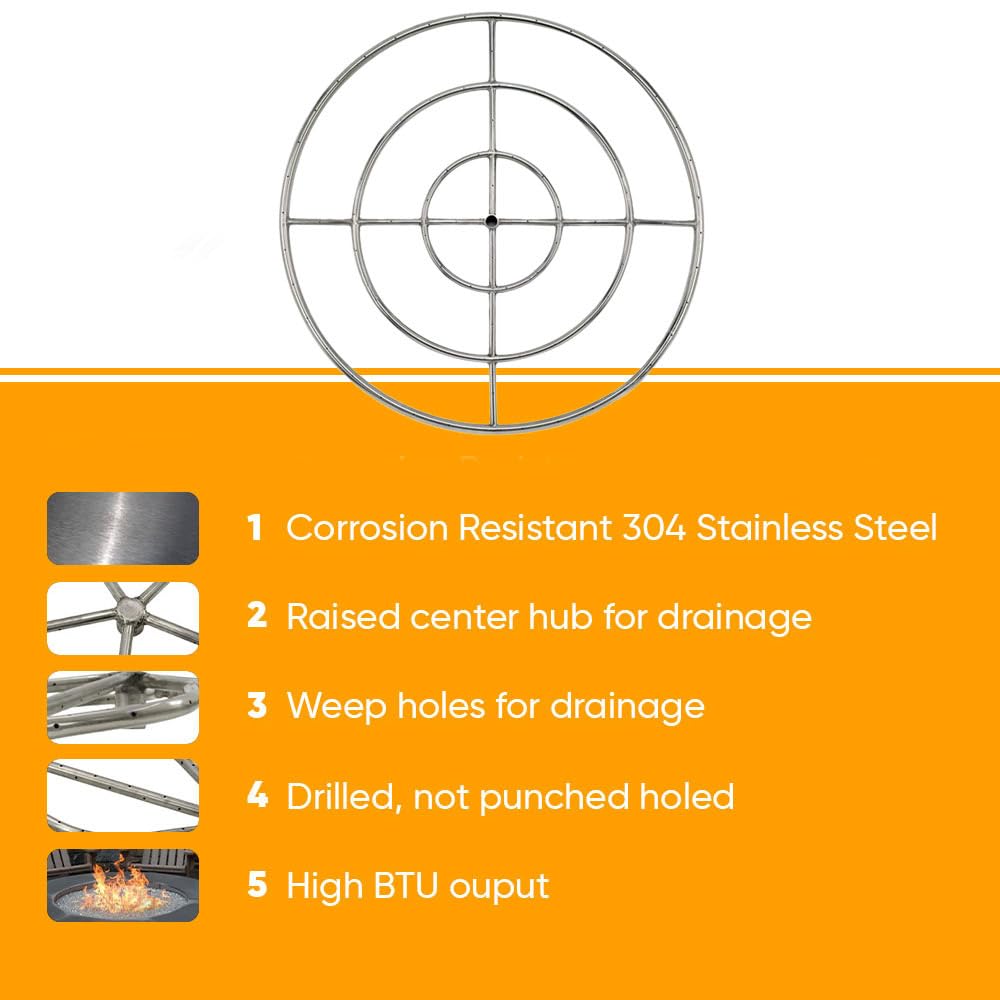 Spotix AFG Match Lit Fire Pit Burner Kit (SS-FR-48KIT-PAN-NG-MSCB), Round, 48-Inch Burner, 54-Inch Flat Pan, Natural Gas, Polished Chrome, with Flange, Key, Valve, Flex Line and Fittings