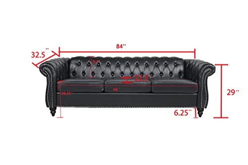 LEVNARY Chesterfield Sofa, Classic Tufted Upholstered Leather Couch, Modern 3 Seater Couch Furniture with Tufted Back for Living Room Office (Black)
