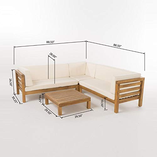 Christopher Knight Home Oana Outdoor Wooden Sectional Set with Cushions, 4-Pcs Set, Teak Finish / Beige