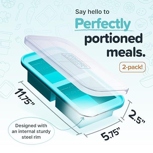 Souper Cubes 2-Cup Extra-Large Silicone Freezer Tray with lid- 2 pack - makes 4 perfect 2 cup portions - freeze soup, stew, sauce, or meals (2 Cup tray, Aqua color, pack of 2, with lids)