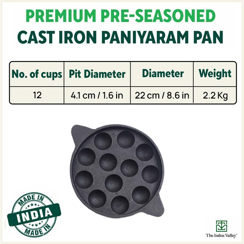 The Indus Valley Pre-Seasoned Cast Iron Paniyaram Pan (12 Pits - Twin Handle),Black
