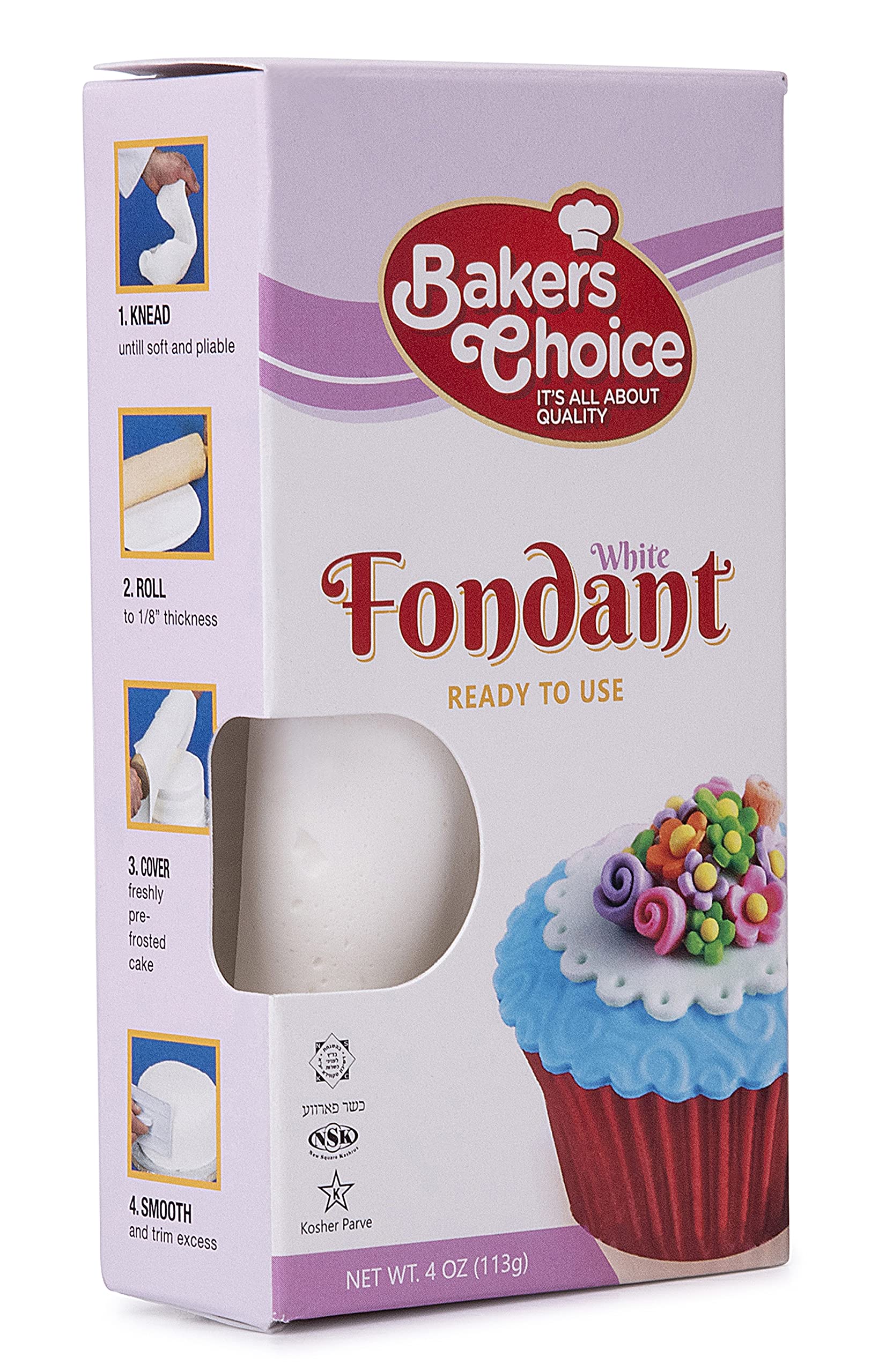 White Fondant Icing - 4 oz. - Ready to Use Cake Decorating Frosting - Easy To Roll, Moldable, Kosher, Dairy Free, and Nut Free - White Fondant For Cakes Cupcakes and Cookies - By Baker’s Choice