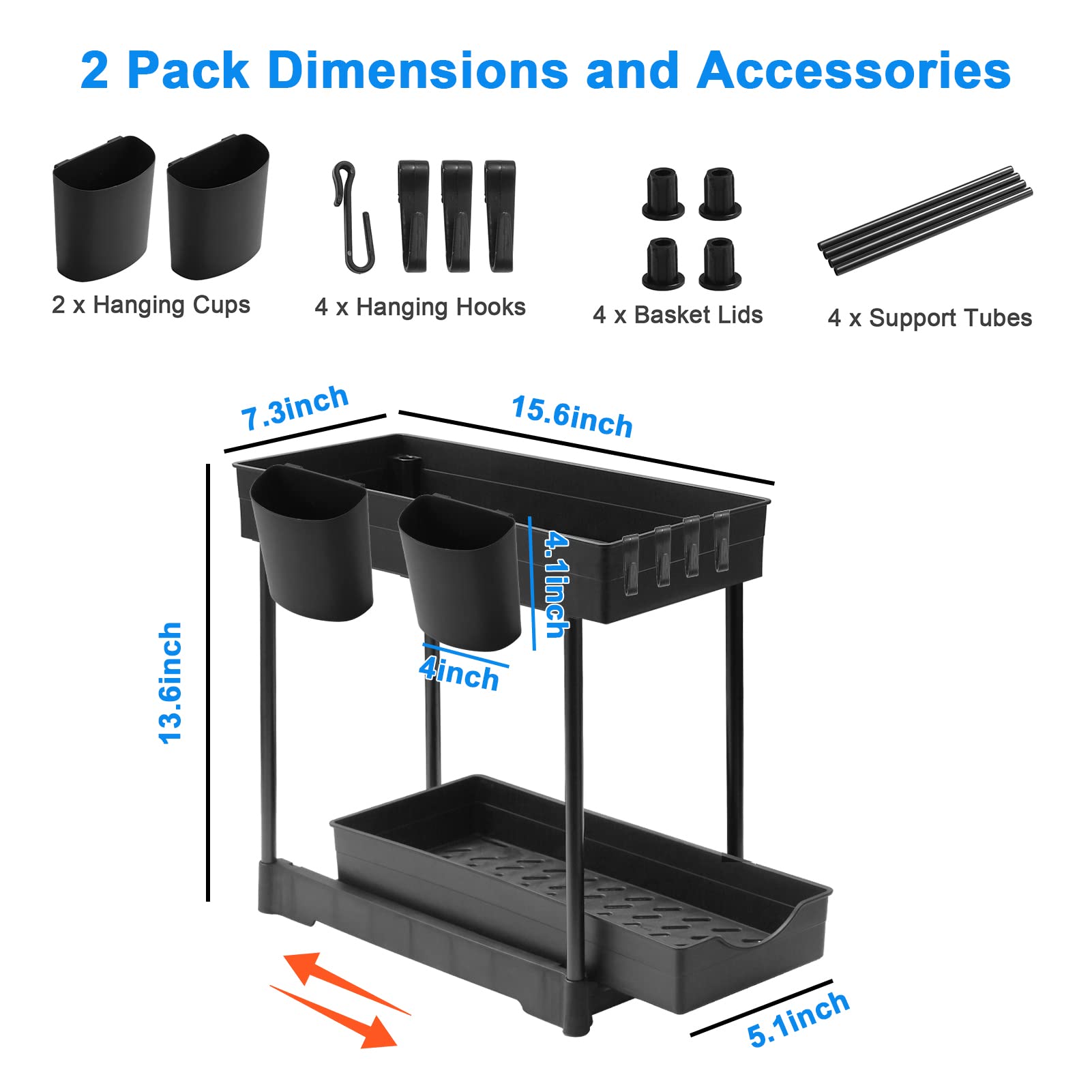 Under Sink Organizers and Storage 2 Pack, Pull-out Sliding Drawers - 2 Tier Bathroom Organizer Under Sink, Multi Usage Kitchen Cabinet Organizers and Storage with 4 Hanging Cups and 8 Hooks, Black