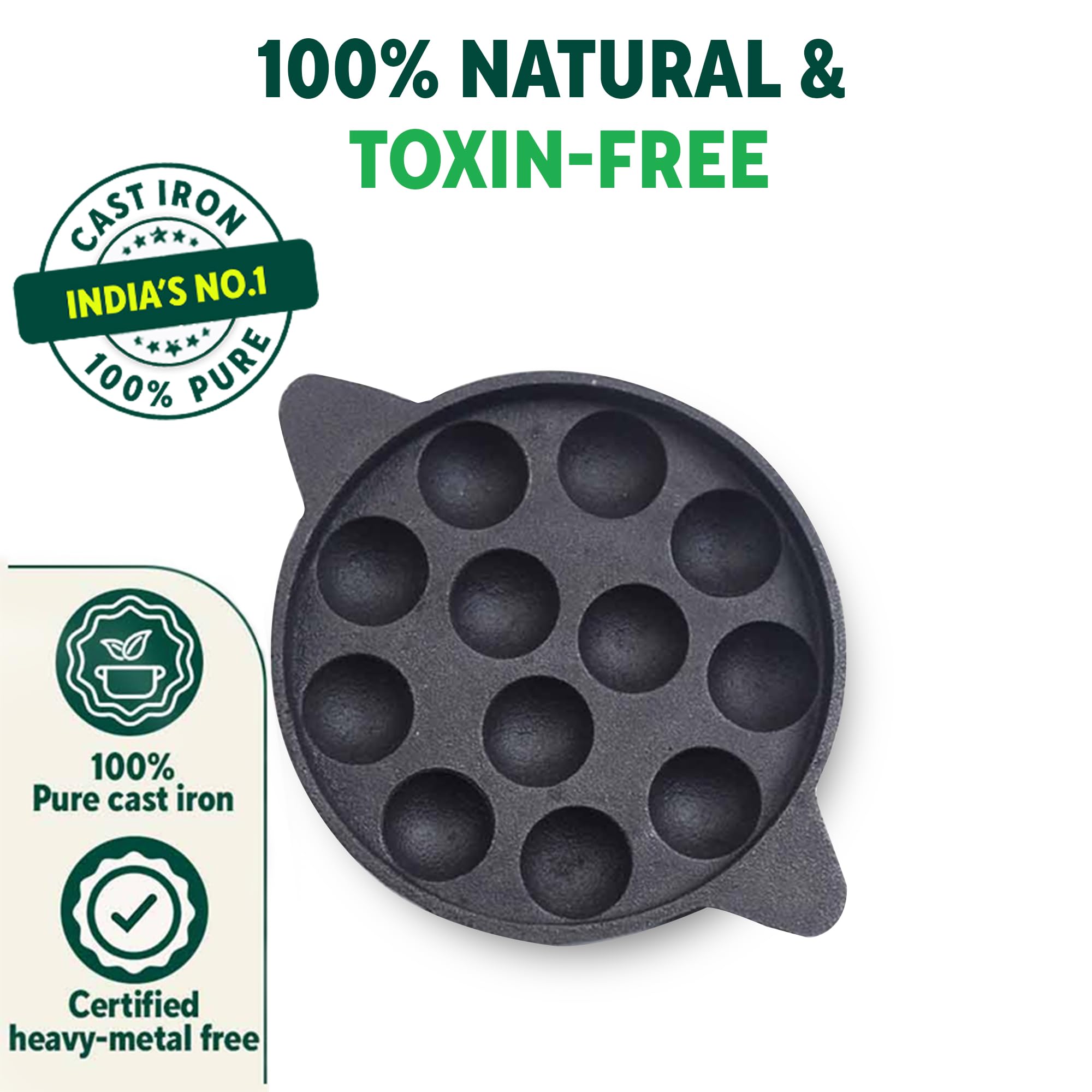 The Indus Valley Pre-Seasoned Cast Iron Paniyaram Pan (12 Pits - Twin Handle),Black