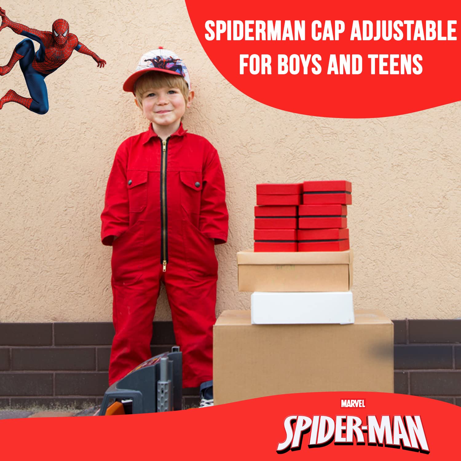 Marvel Spiderman Baseball Cap for Boys, Boys Hat and Fitted Cap, Flatbrim Baseball Spiderman Hat in Red Design