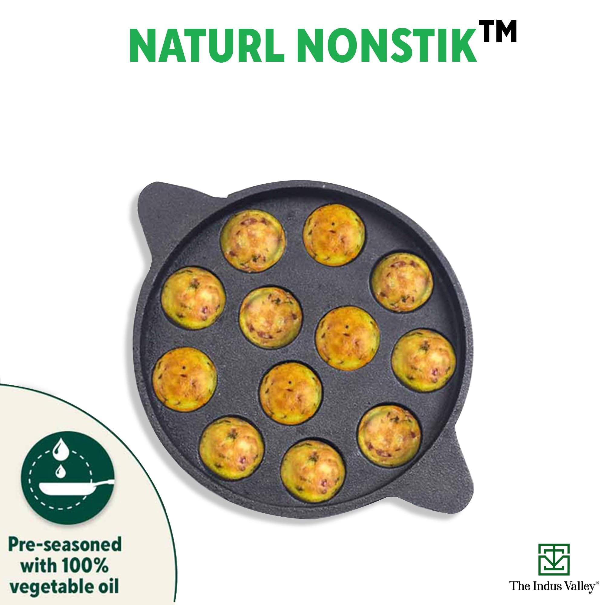 The Indus Valley Pre-Seasoned Cast Iron Paniyaram Pan (12 Pits - Twin Handle),Black