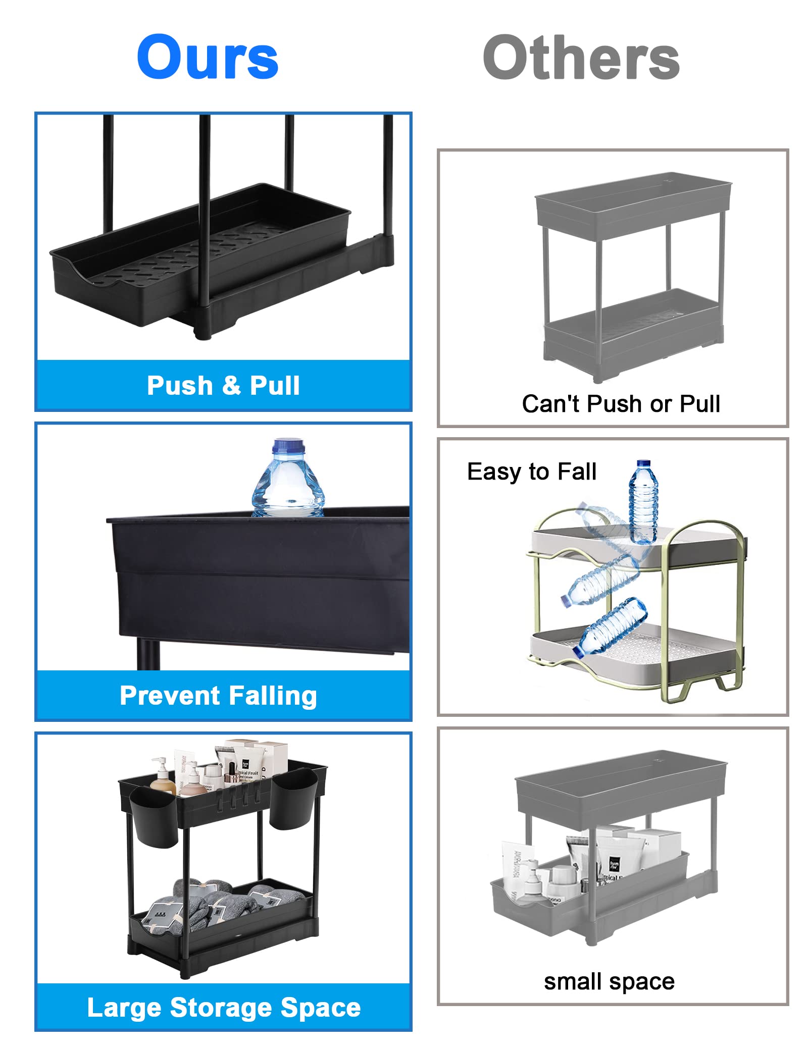 Under Sink Organizers and Storage 2 Pack, Pull-out Sliding Drawers - 2 Tier Bathroom Organizer Under Sink, Multi Usage Kitchen Cabinet Organizers and Storage with 4 Hanging Cups and 8 Hooks, Black