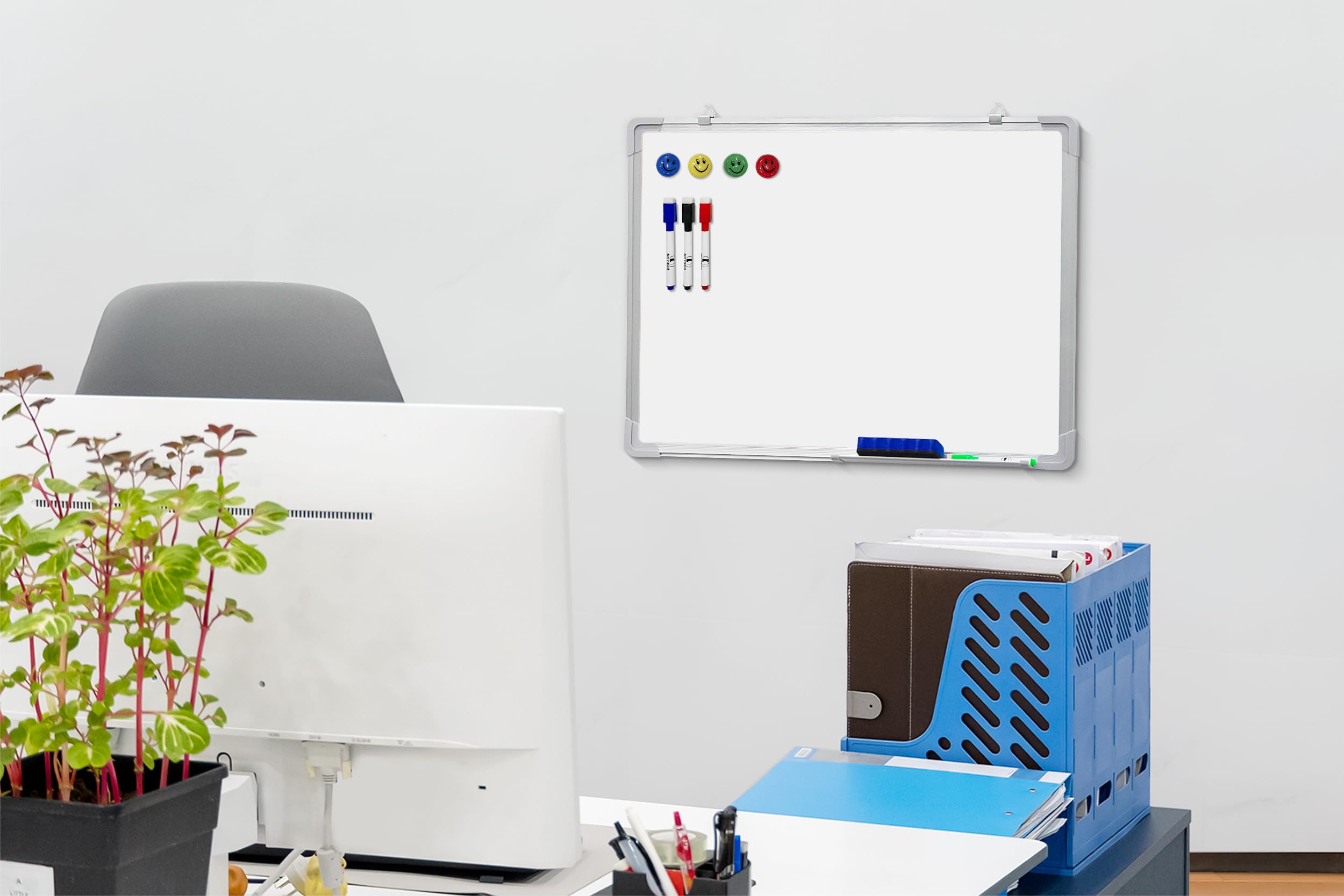 Whiteboard Set - Dry Erase Board 24 x 18 " with 1 Magnetic Dry Eraser, 4 Dry Wipe Markers and 4 Magnets - Small White Hanging Message Scoreboard for Home Office School (24x18" Landscape)