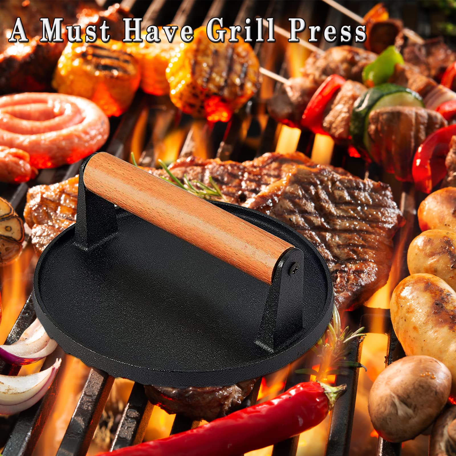 Griddle Accessories Kit for Blackstone, Cast Iron Grill Press, 12-Inch Round Melting Dome(304 Stainless Steel), Squeeze Bottles with Egg Rings, Perfect for Flat Top Grill Indoor Outdoor