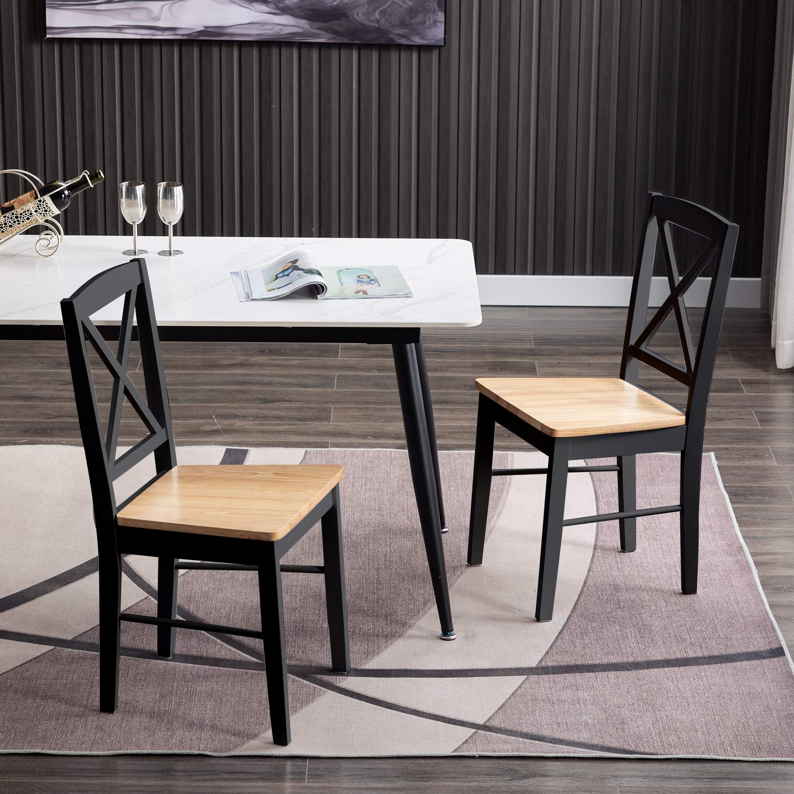 DUHOME Dining Chairs Set of 2 Wood Dining Room Chair with Cross Back, Kitchen Room Chair Side Chairs Nature Seat Black Base