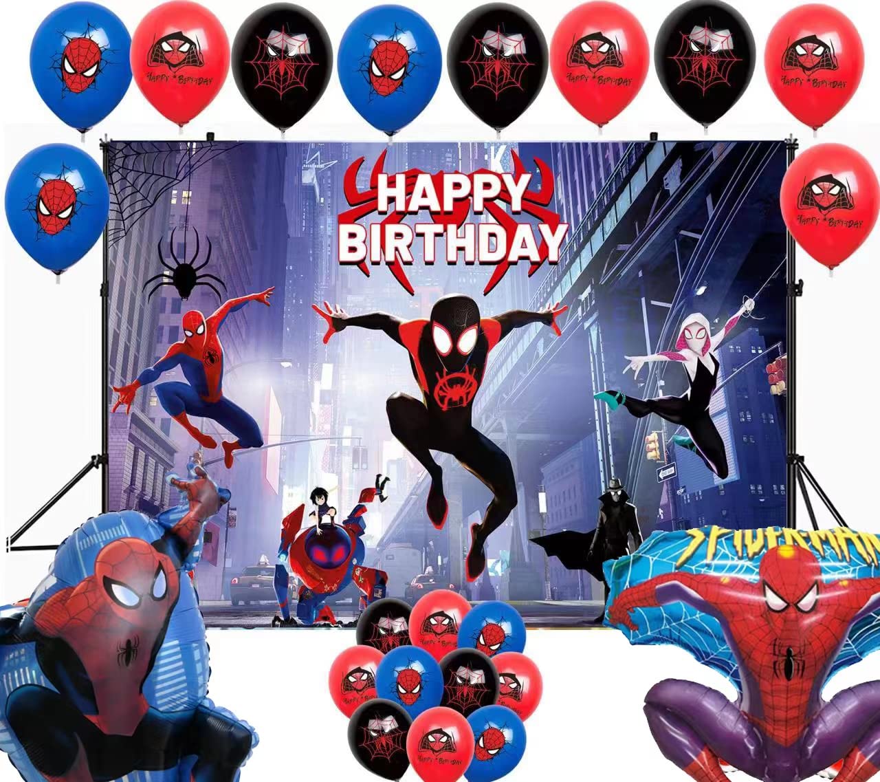 ERWYN23Pcs Miles Morales Spiderman Backdrop Happy Birthday Party Supplies Decoration Banner Photography Background Photo Studio Props Spiderman Balloons