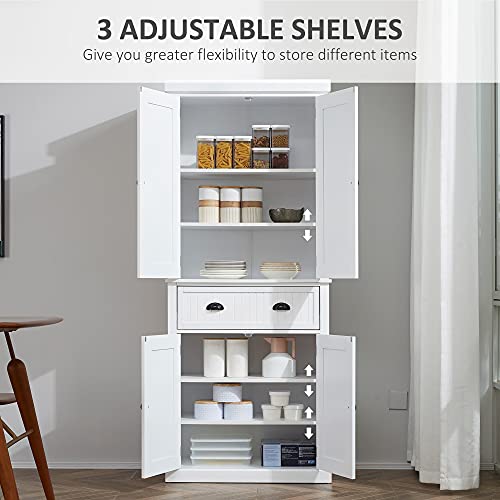 HOMCOM 72" Traditional Freestanding Kitchen Pantry Cabinet Cupboard with Doors and 3 Adjustable Shelves, White