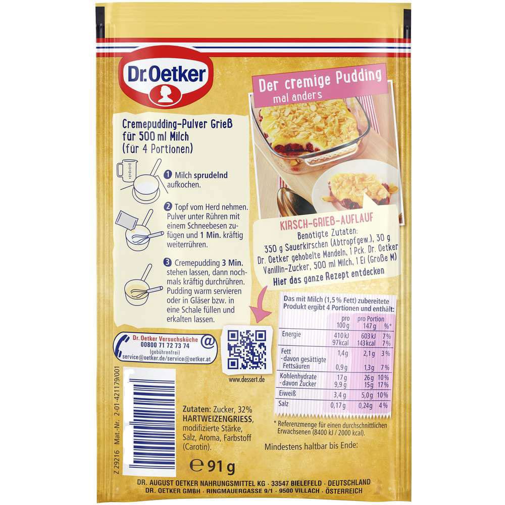 Dr. Oetker Seelenwaermer Famlien-Creme Pudding Griess (Semolina Cream Pudding) 91g