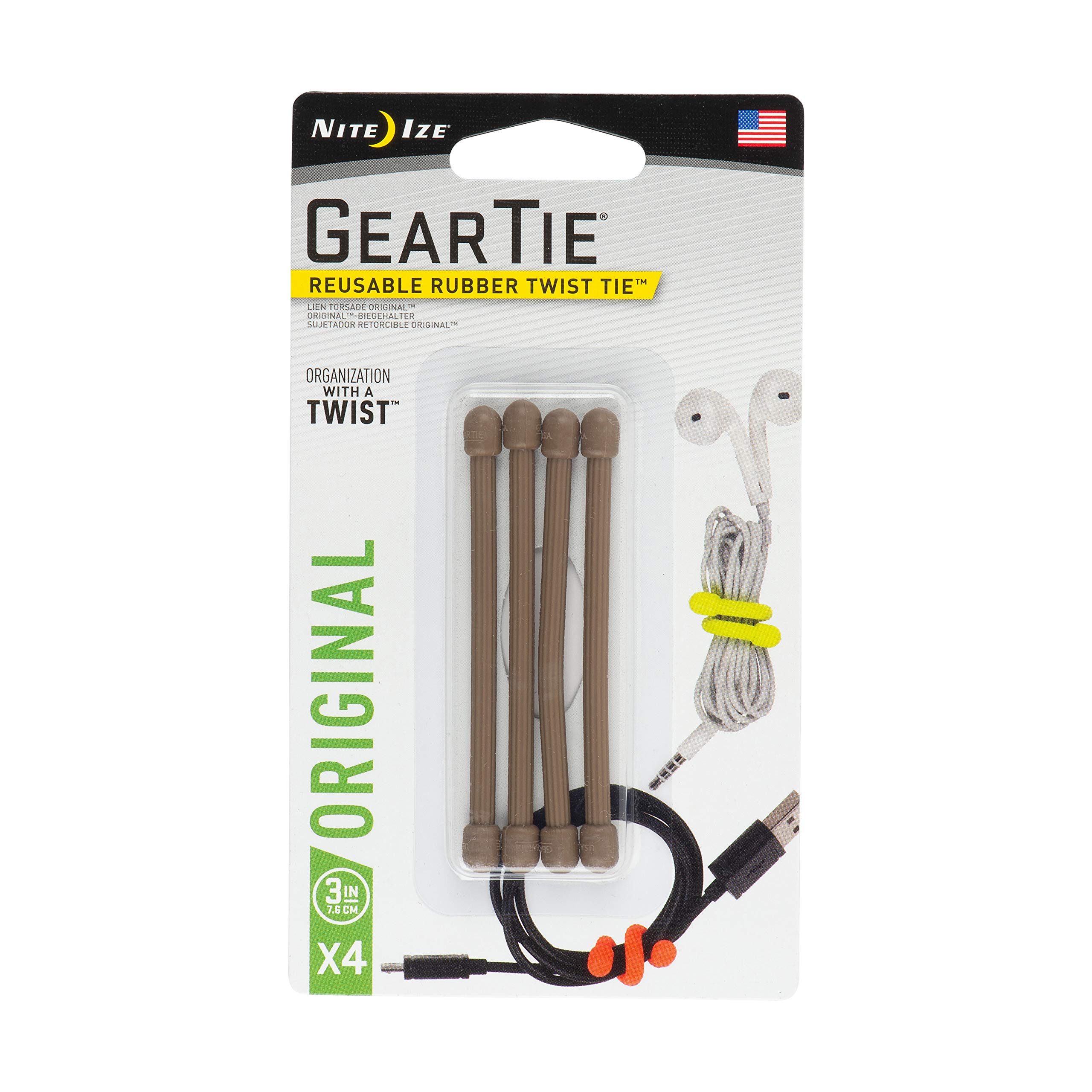 Nite Ize Original Gear Tie, Reusable Rubber Twist Tie, 3-Inch, Coyote, 4 Pack, Made in the USA