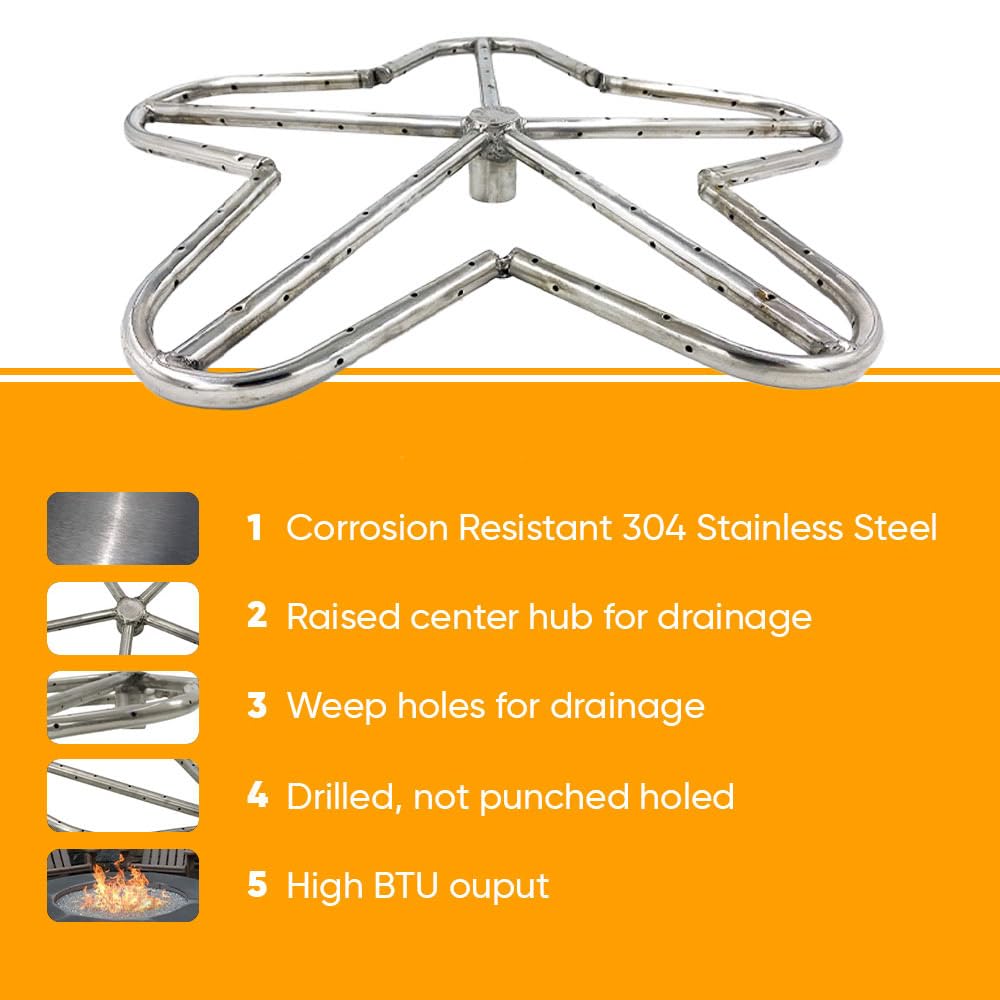Spotix HPC Penta Match Lit Fire Pit Burner Kit with 30-Inch Stainless Steel Burner and 36-Inch Round Flat Pan, Propane, Polished Chrome, with Flange, Key, Valve, Flex Line and Fittings