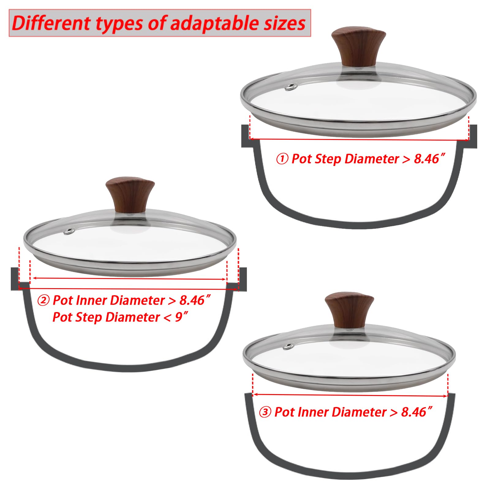 LC LICTOP 9" Tempered Glass Lid 304 Stainless Steel Rim Cookware Cover Replacement for 9-Inch Pan or Pot (Heat Resistant Bakelite Knob)