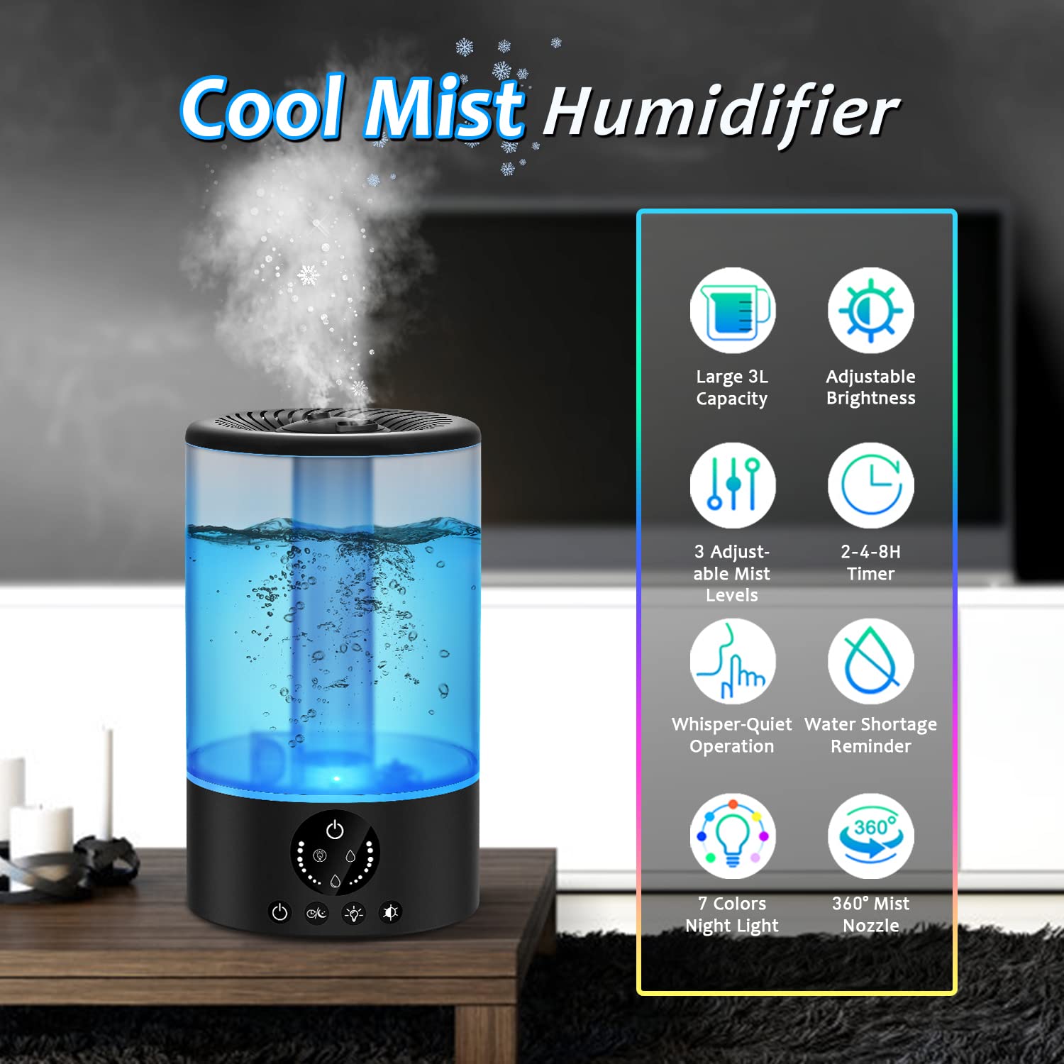 Cool Mist Humidifier, Ultrasonic Humidifiers for Bedroom Baby, 3L Large Humidifier w/ Remote Control, 7 Colors Night Light 6 Dimmer Adjustable Mist Levels, Timer, Auto Shut-Off for Large Room, Black
