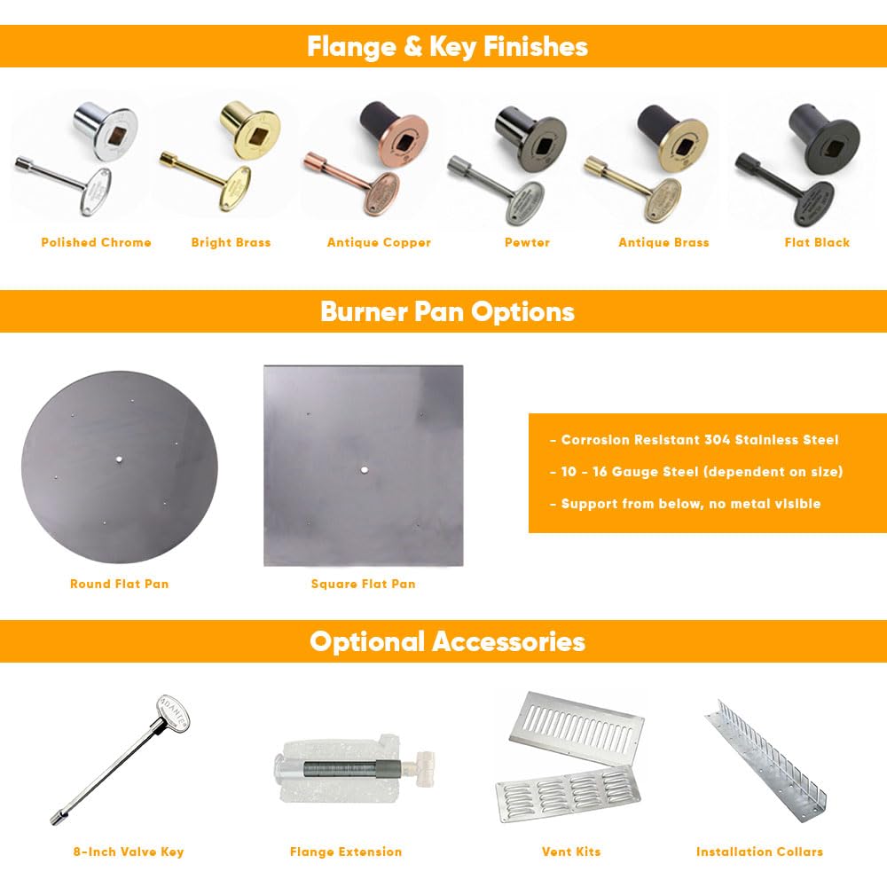 Spotix HPC Penta Match Lit Fire Pit Burner Kit with 30-Inch Stainless Steel Burner and 36-Inch Round Flat Pan, Propane, Polished Chrome, with Flange, Key, Valve, Flex Line and Fittings