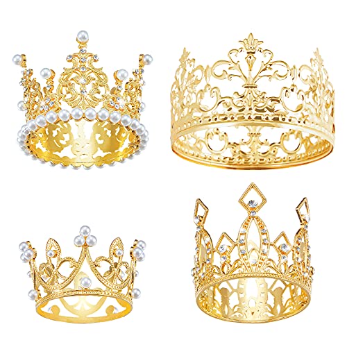 4 Pieces Crown Cake Topper Mini Tiara Birthday Cake Topper gold Crystal Pearl Vintage Wedding Cake Crown Topper for Birthday Party Wedding Cake Baby Shower Birthday Cake Decoration