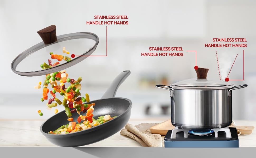 LC LICTOP 9" Tempered Glass Lid 304 Stainless Steel Rim Cookware Cover Replacement for 9-Inch Pan or Pot (Heat Resistant Bakelite Knob)