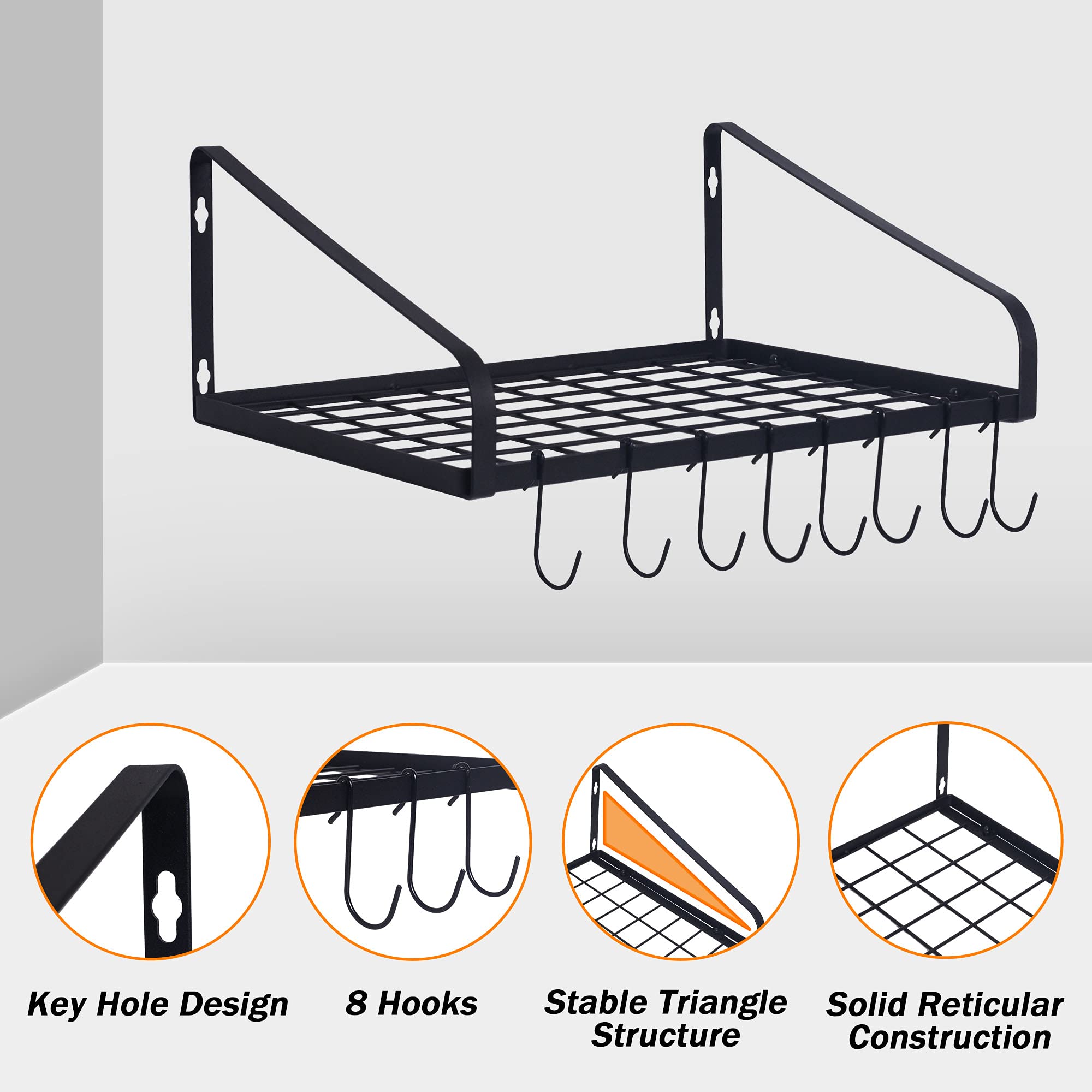 ZHOHO TANT Hanging Pot Rack Pot Pan Rack Wall Mounted Pan and Pot Hanger with 8 Hooks for Kitchen Cookware Utensils 2 DIY Methods Black Steel Pan and Pot Hanging Organizer
