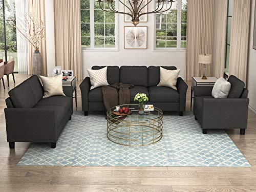 MOEO 3 Piece Living Room Sofa Sectional Set for Home Furniture, Polyester-Blend Three Couch Loveseat and Armchair, Black