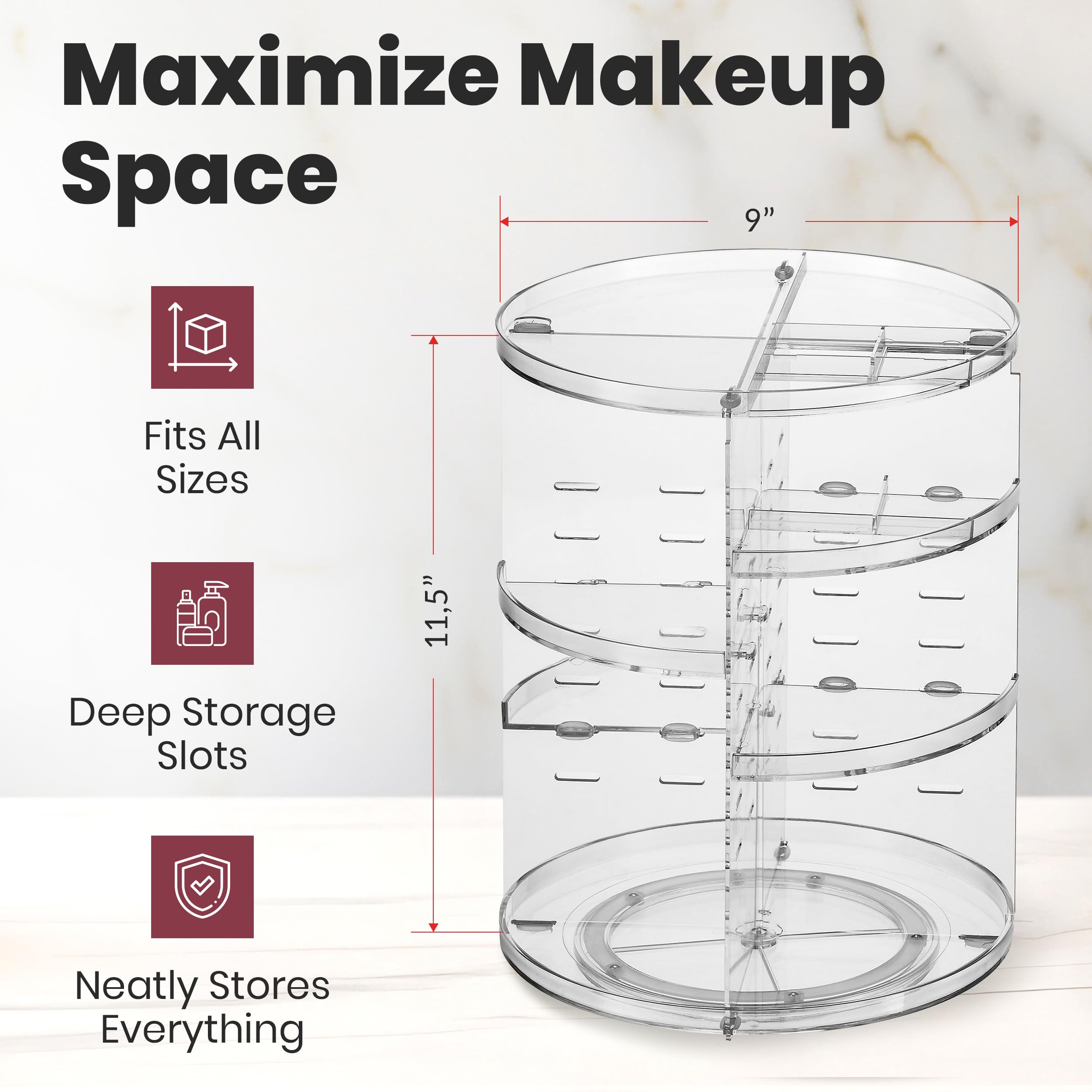 360 Rotating Makeup Organizer - Adjustable Shelf Height and Fully Rotatable. The Perfect Cosmetic Organizer for Bedroom Dresser or Vanity Countertop. (Clear)