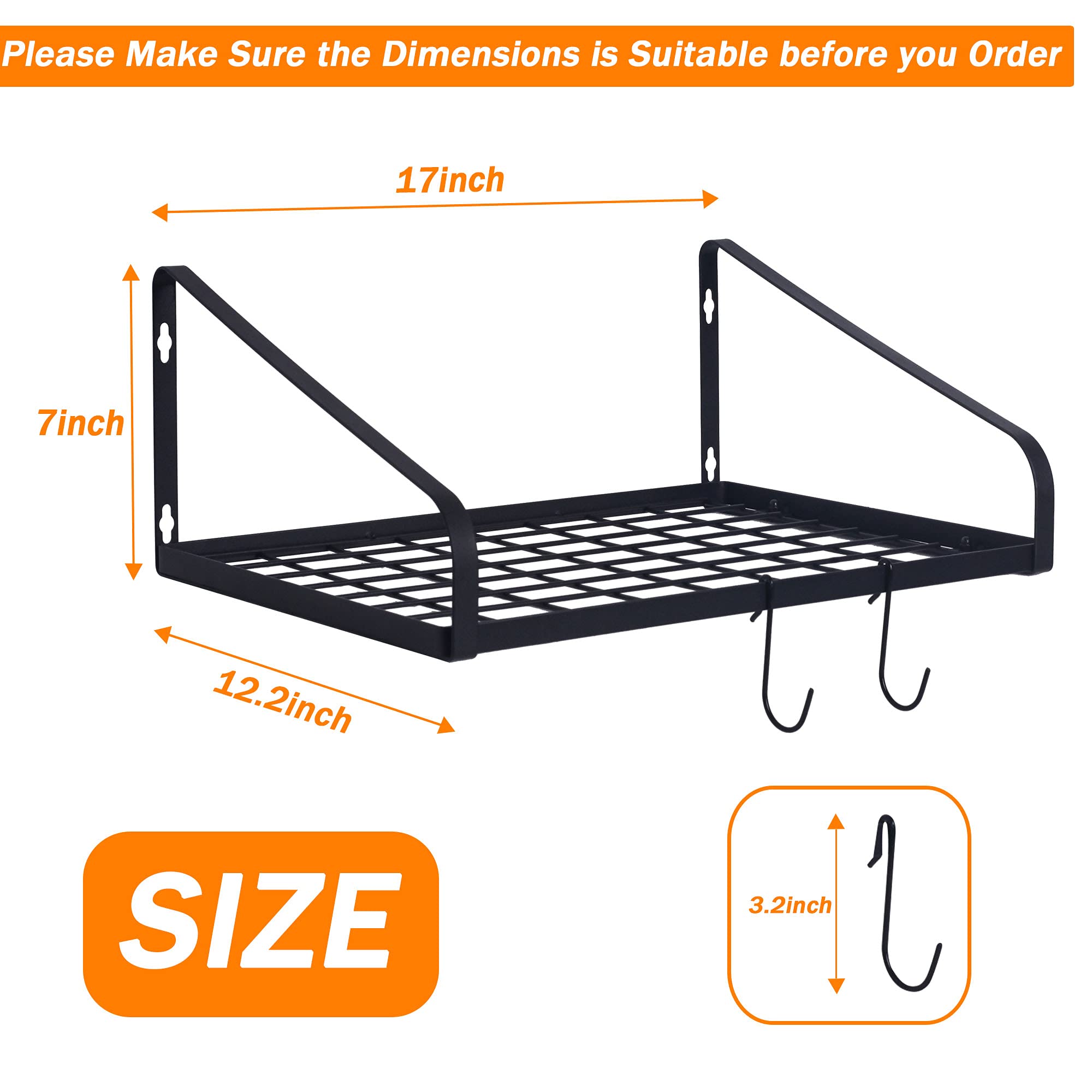 ZHOHO TANT Hanging Pot Rack Pot Pan Rack Wall Mounted Pan and Pot Hanger with 8 Hooks for Kitchen Cookware Utensils 2 DIY Methods Black Steel Pan and Pot Hanging Organizer