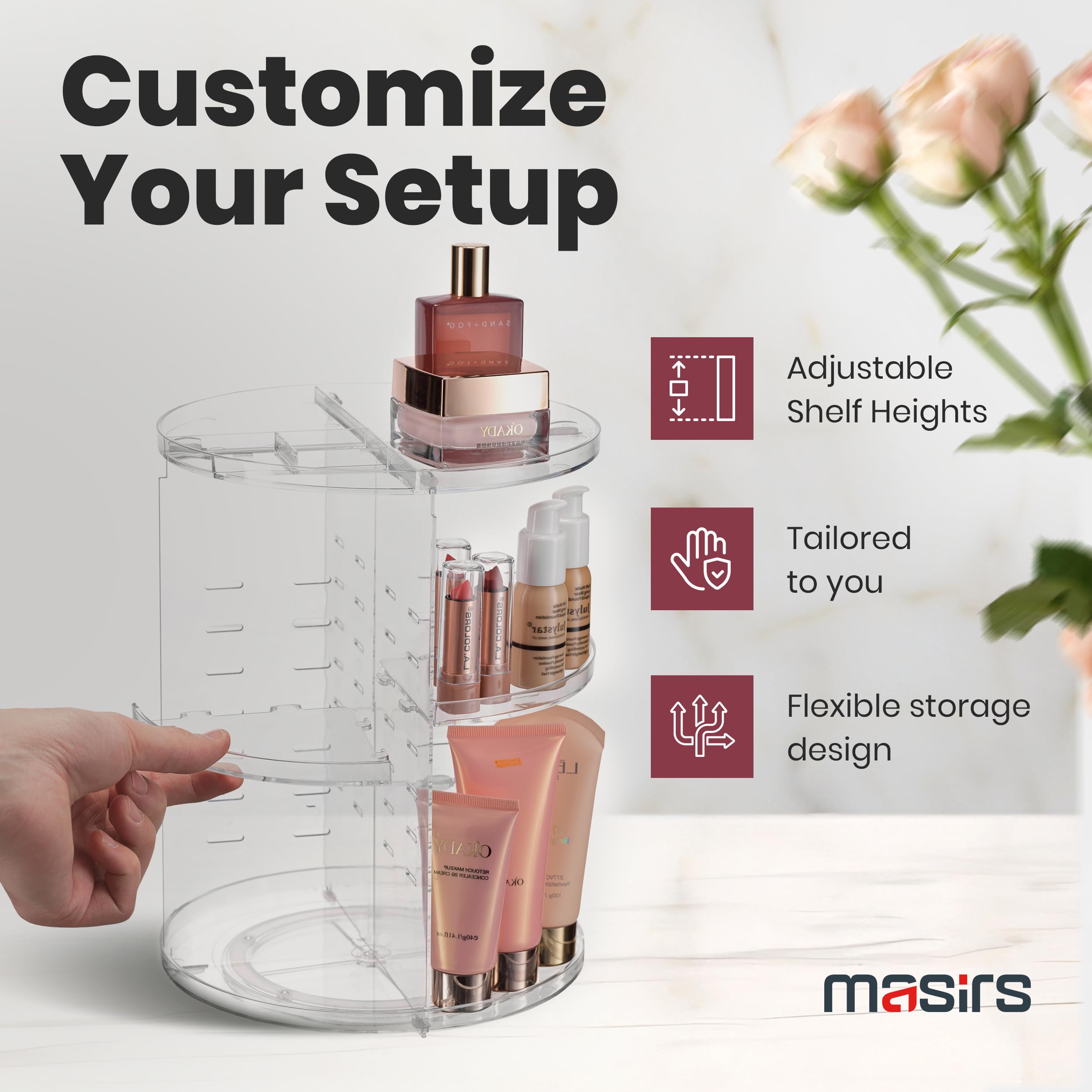 360 Rotating Makeup Organizer - Adjustable Shelf Height and Fully Rotatable. The Perfect Cosmetic Organizer for Bedroom Dresser or Vanity Countertop. (Clear)