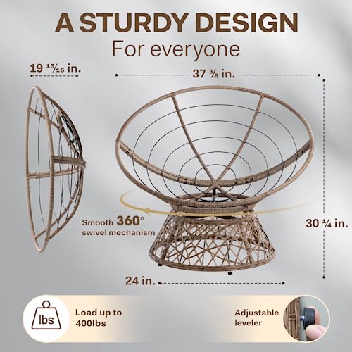 Bme 40" Ergonomic Wicker Papasan Chair with Soft Thick Density Fabric Cushion, High Capacity Steel Frame, 360 Degree Swivel for Living, Bedroom, Reading Room, Lounge, Onyx Stone - Brown Base