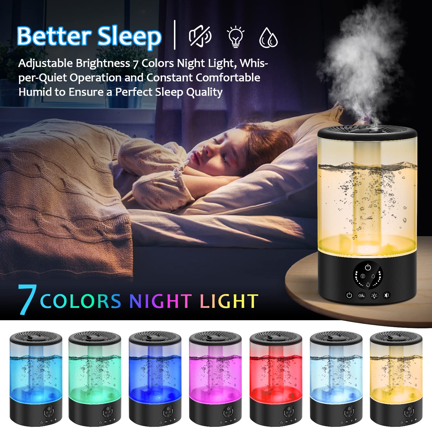 Cool Mist Humidifier, Ultrasonic Humidifiers for Bedroom Baby, 3L Large Humidifier w/ Remote Control, 7 Colors Night Light 6 Dimmer Adjustable Mist Levels, Timer, Auto Shut-Off for Large Room, Black