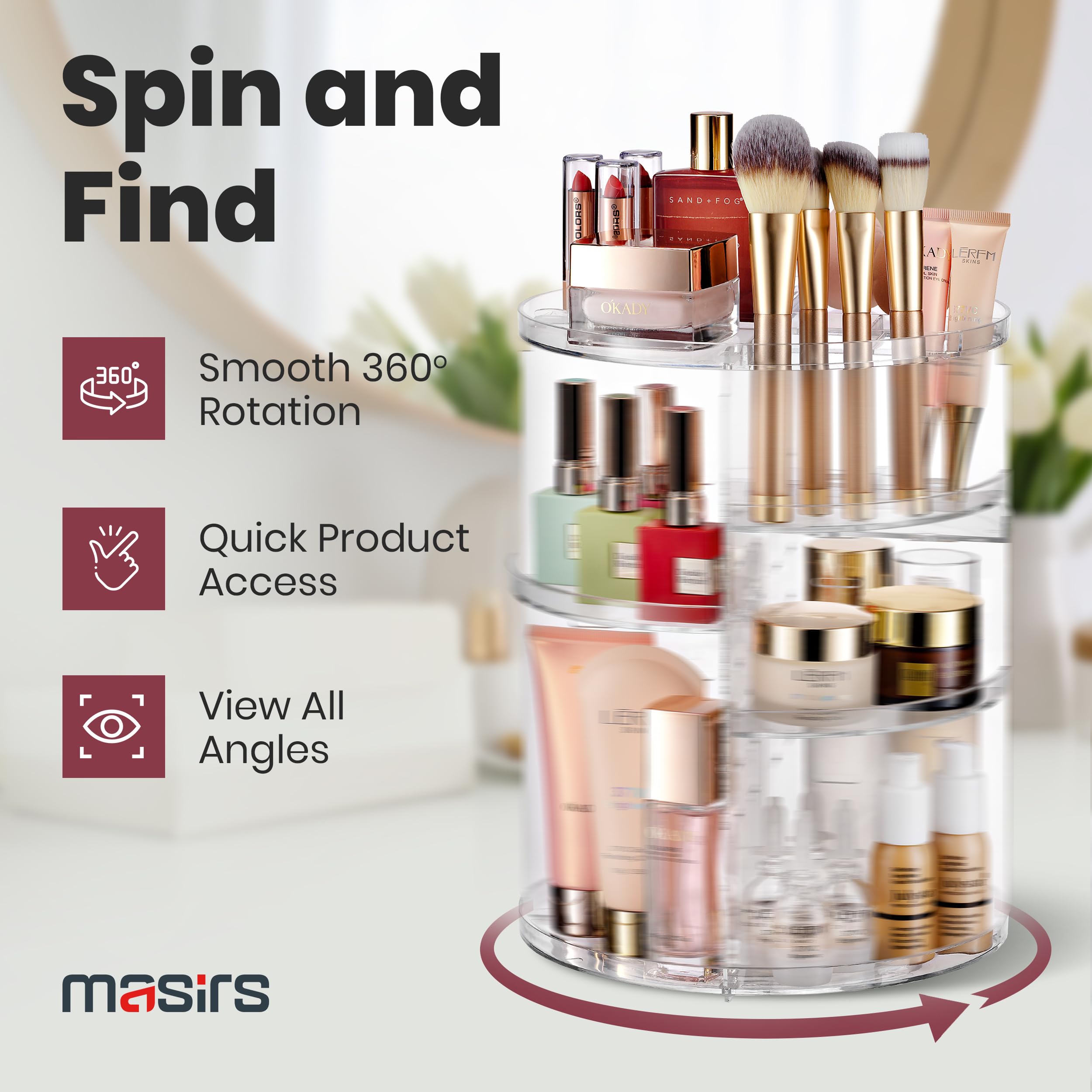 360 Rotating Makeup Organizer - Adjustable Shelf Height and Fully Rotatable. The Perfect Cosmetic Organizer for Bedroom Dresser or Vanity Countertop. (Clear)