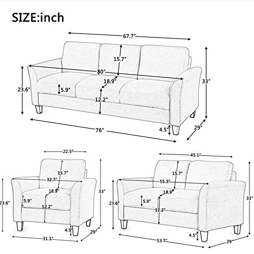 MOEO 3 Piece Living Room Sofa Sectional Set for Home Furniture, Polyester-Blend Three Couch Loveseat and Armchair, Black