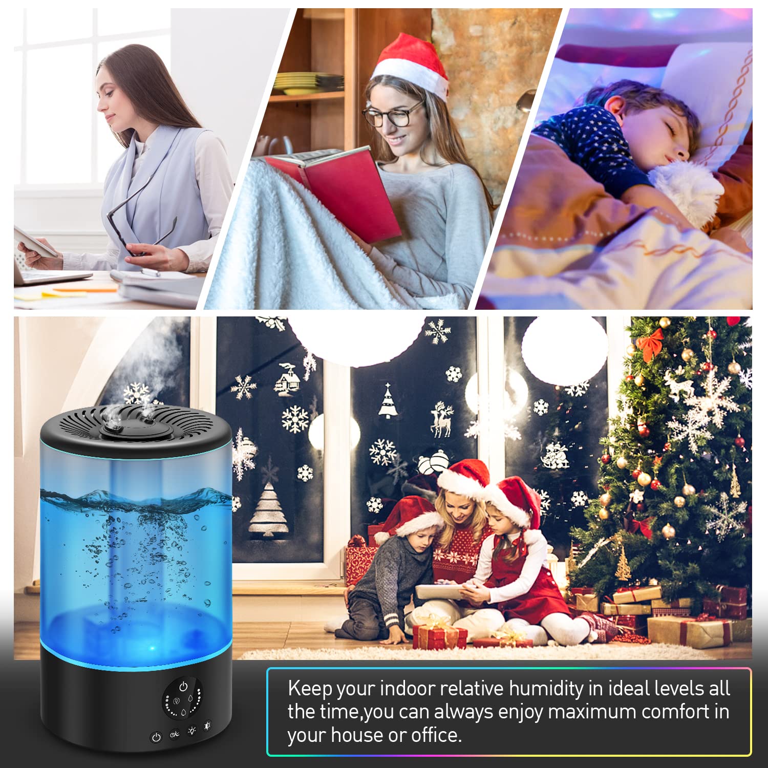 Cool Mist Humidifier, Ultrasonic Humidifiers for Bedroom Baby, 3L Large Humidifier w/ Remote Control, 7 Colors Night Light 6 Dimmer Adjustable Mist Levels, Timer, Auto Shut-Off for Large Room, Black