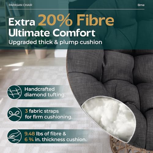 Bme 40" Ergonomic Wicker Papasan Chair with Soft Thick Density Fabric Cushion, High Capacity Steel Frame, 360 Degree Swivel for Living, Bedroom, Reading Room, Lounge, Onyx Stone - Brown Base