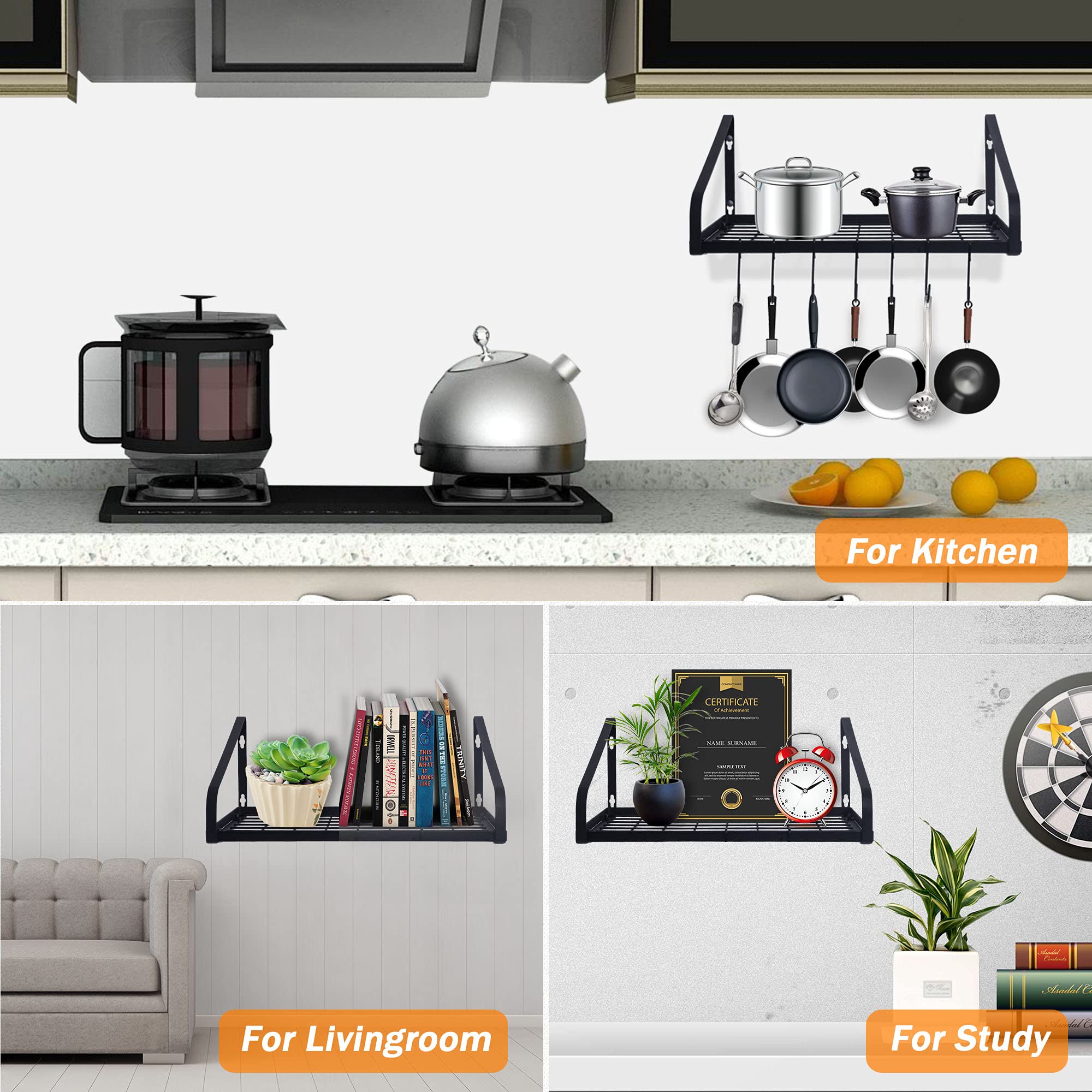 ZHOHO TANT Hanging Pot Rack Pot Pan Rack Wall Mounted Pan and Pot Hanger with 8 Hooks for Kitchen Cookware Utensils 2 DIY Methods Black Steel Pan and Pot Hanging Organizer