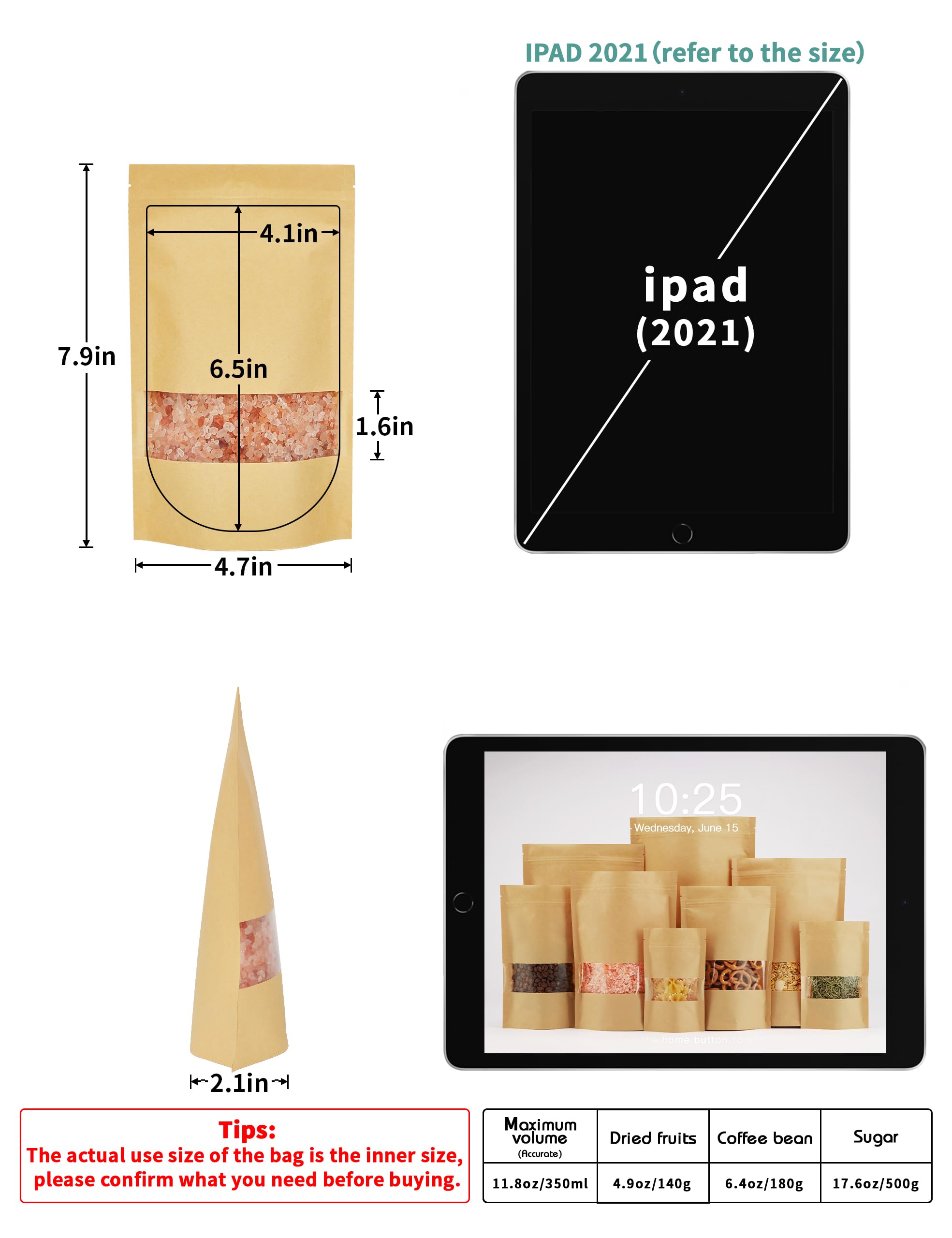 FireKylin 100 Pcs Kraft Paper Bags with Window, 4.7" x 7.9" Stand Up Pouches Bags, Zip Lock Food Storage Bags for Packaging Products, Reusable, Sealable