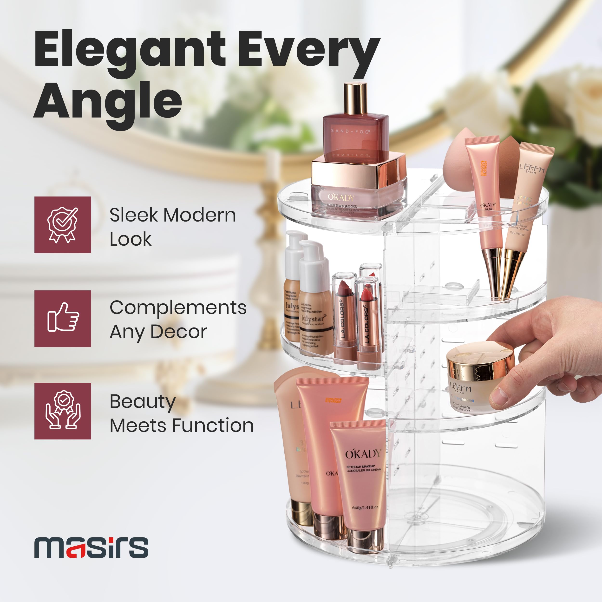360 Rotating Makeup Organizer - Adjustable Shelf Height and Fully Rotatable. The Perfect Cosmetic Organizer for Bedroom Dresser or Vanity Countertop. (Clear)