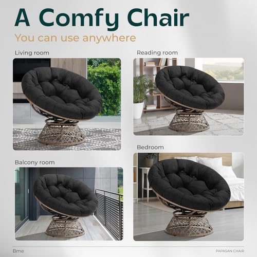 Bme 40" Ergonomic Wicker Papasan Chair with Soft Thick Density Fabric Cushion, High Capacity Steel Frame, 360 Degree Swivel for Living, Bedroom, Reading Room, Lounge, Onyx Stone - Brown Base