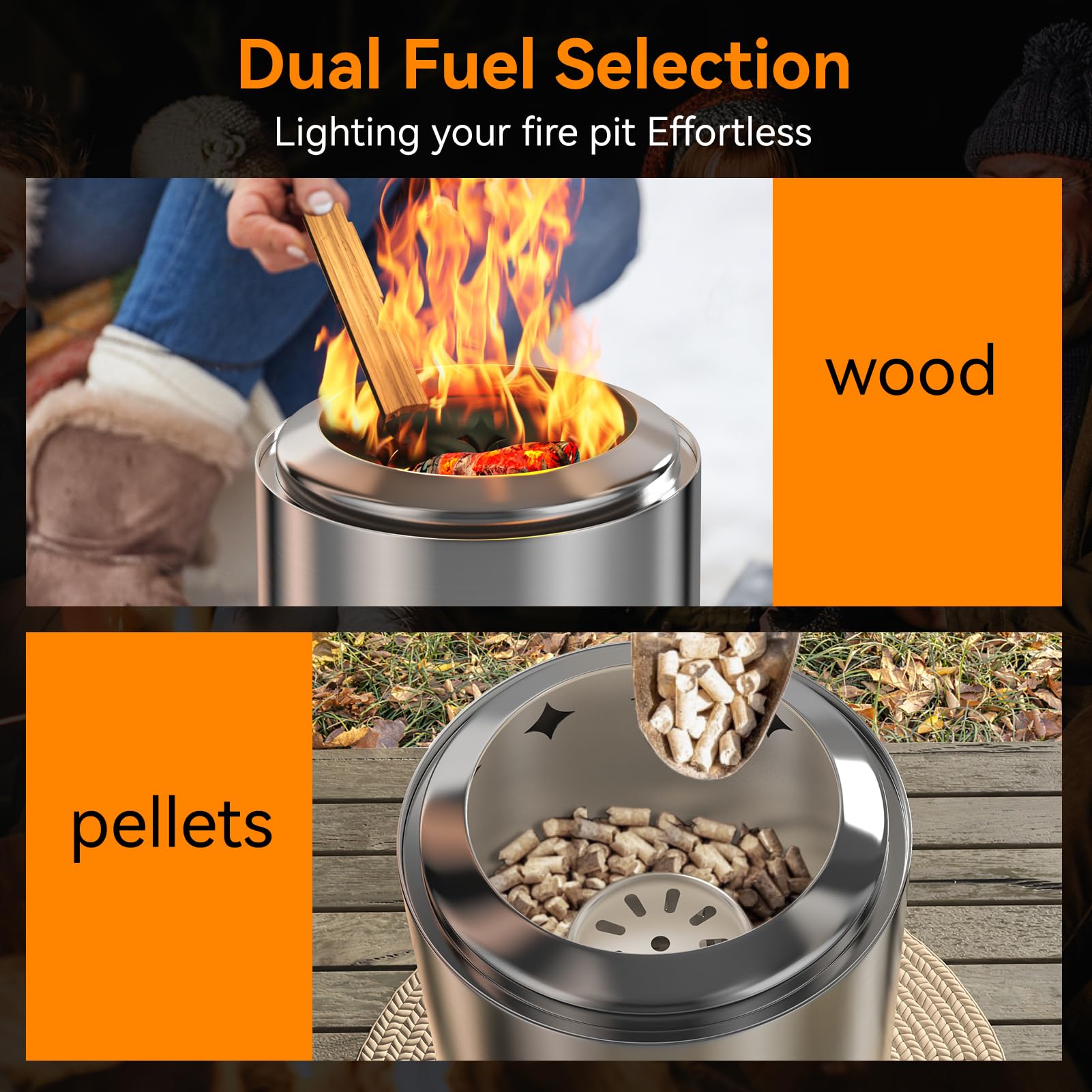 Tabletop Fire Pit, QVCQ Low Smoke Burning Mini Firepit for Outdoor, Camping, Wood Pellets Smores Fire Stove, Stainless Steel with Stands & Removable Ash Pan