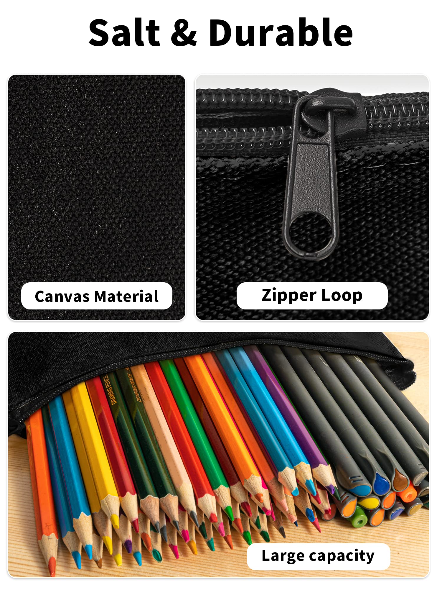 JARLINK 16 Pack Blank Canvas DIY Craft Pencil Case with Zipper, Multipurpose Traveling Toiletry Pouch Bags for School, Makeup, Cash, Office, Bill, Receipt Storage, 8.3’’ x 4.6’’ Inch (Black)