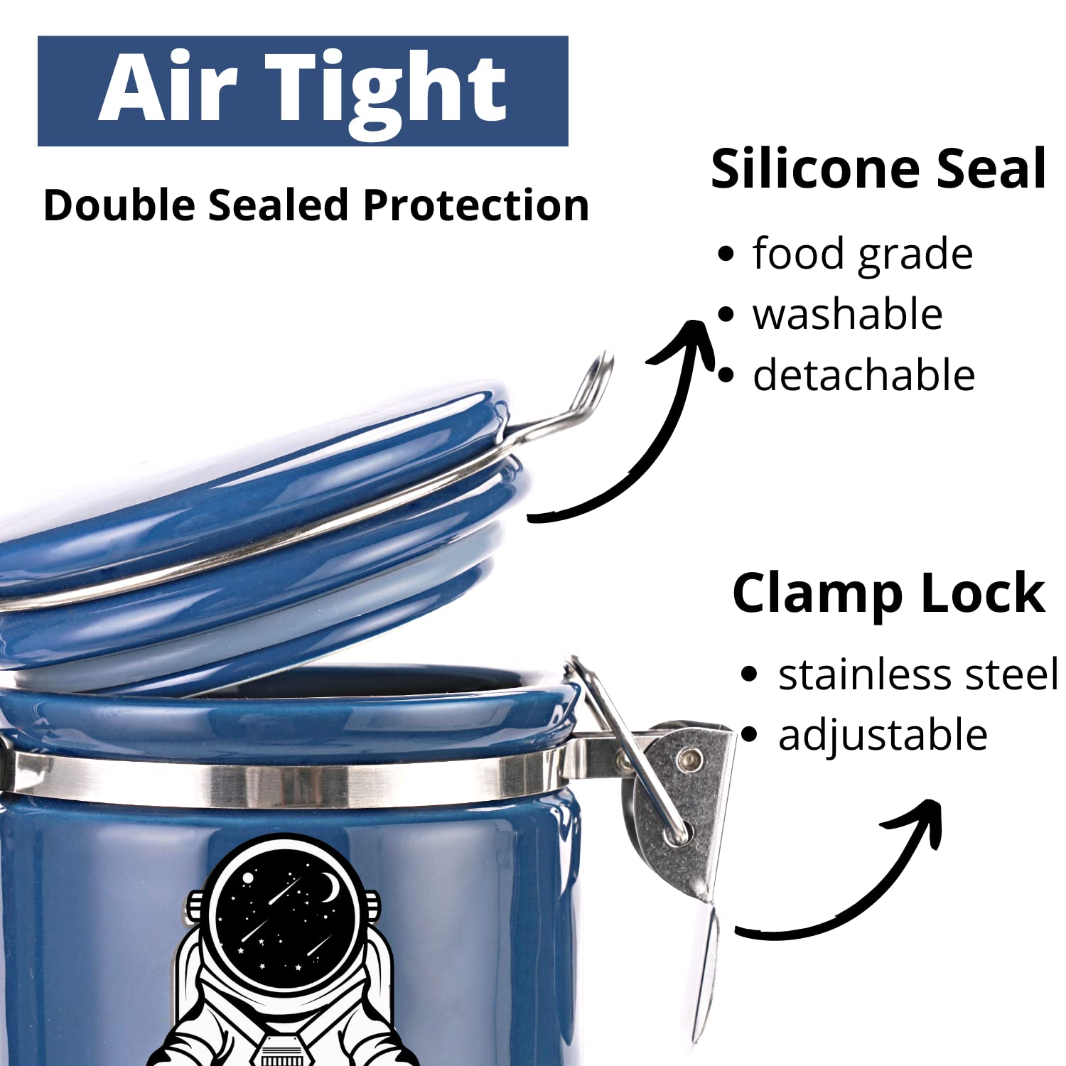 Smell Proof Jar Half Oz (250ml), Ceramic Smell Proof Containers, Stash Jar with Clamp Lid - Double Sealed Airtight Jar, Separate Space for Humidity Pack To Keep Herbs, Spices Fresh For Months - Blue