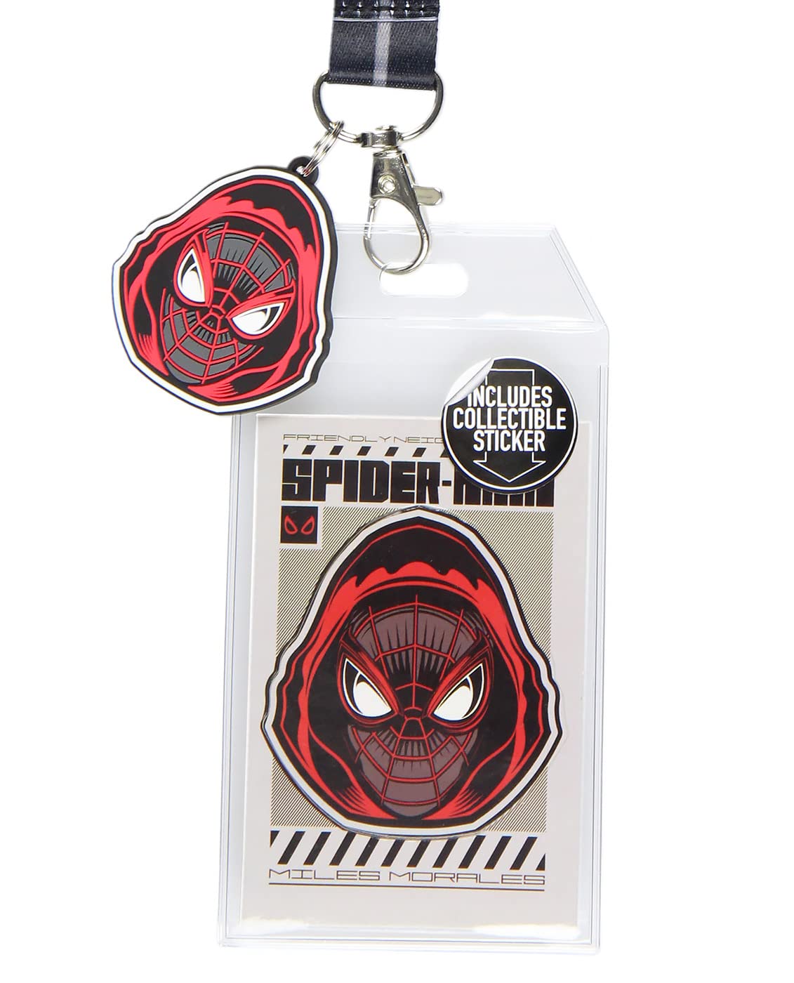 Marvel Spider-Man Miles Morales ID Lanyard Badge Holder with Rubber Charm Pendant and Collectible Sticker