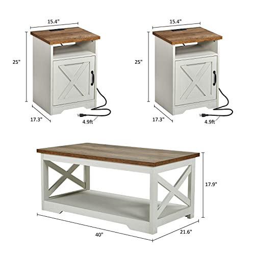 AMERLIFE 3-Piece Farmhouse Table Set Includes Coffee Table& Two End Tables, Side Table with Charging Station and USB Ports, for Living Room, Bedroom, Distressed White