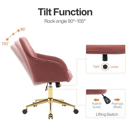 KCC Velvet Home Office Desk Chair with Gold Base, Modern Height Adjustable 360° Swivel Upholstered Vanity Chairs with Arms for Living Room Bedroom, Rose