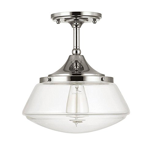 Home Decorators Collection 1-Light Polished Nickel Vintage Schoolhouse Semi-Flush Mount Light with Clear Glass Shade - No Bulbs Included