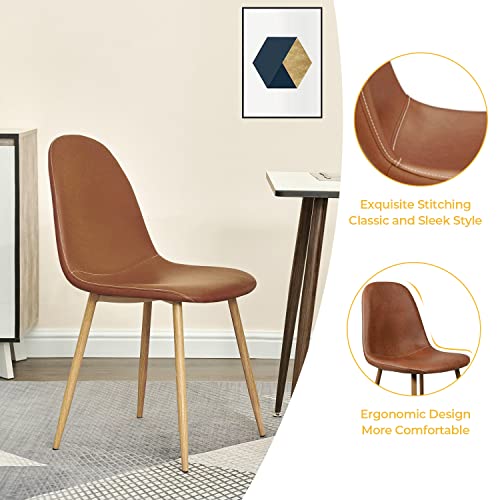 GreenForest Dining Chairs Set of 4, Washable PU Fuax Leather Dining Side Chair Mid Century Modern Dining Room Chairs Comfortable Upolstered Cushion Seat with Metal Legs for Home Kitchen, Camel Brown