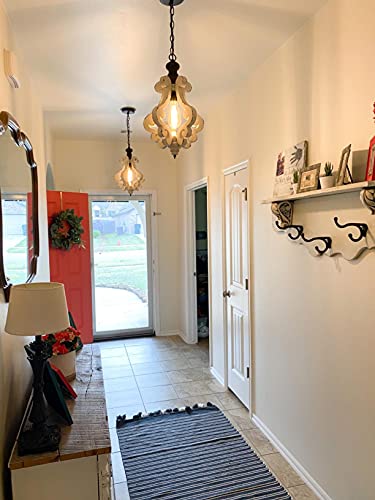 CLAXY Wooden Pendant Light Distressing Off-White Finish Farmhouse Chandelier