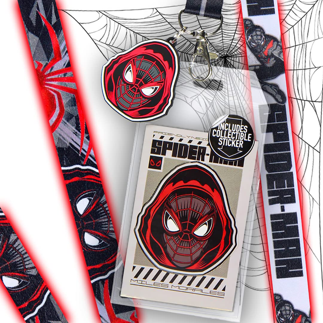 Marvel Spider-Man Miles Morales ID Lanyard Badge Holder with Rubber Charm Pendant and Collectible Sticker